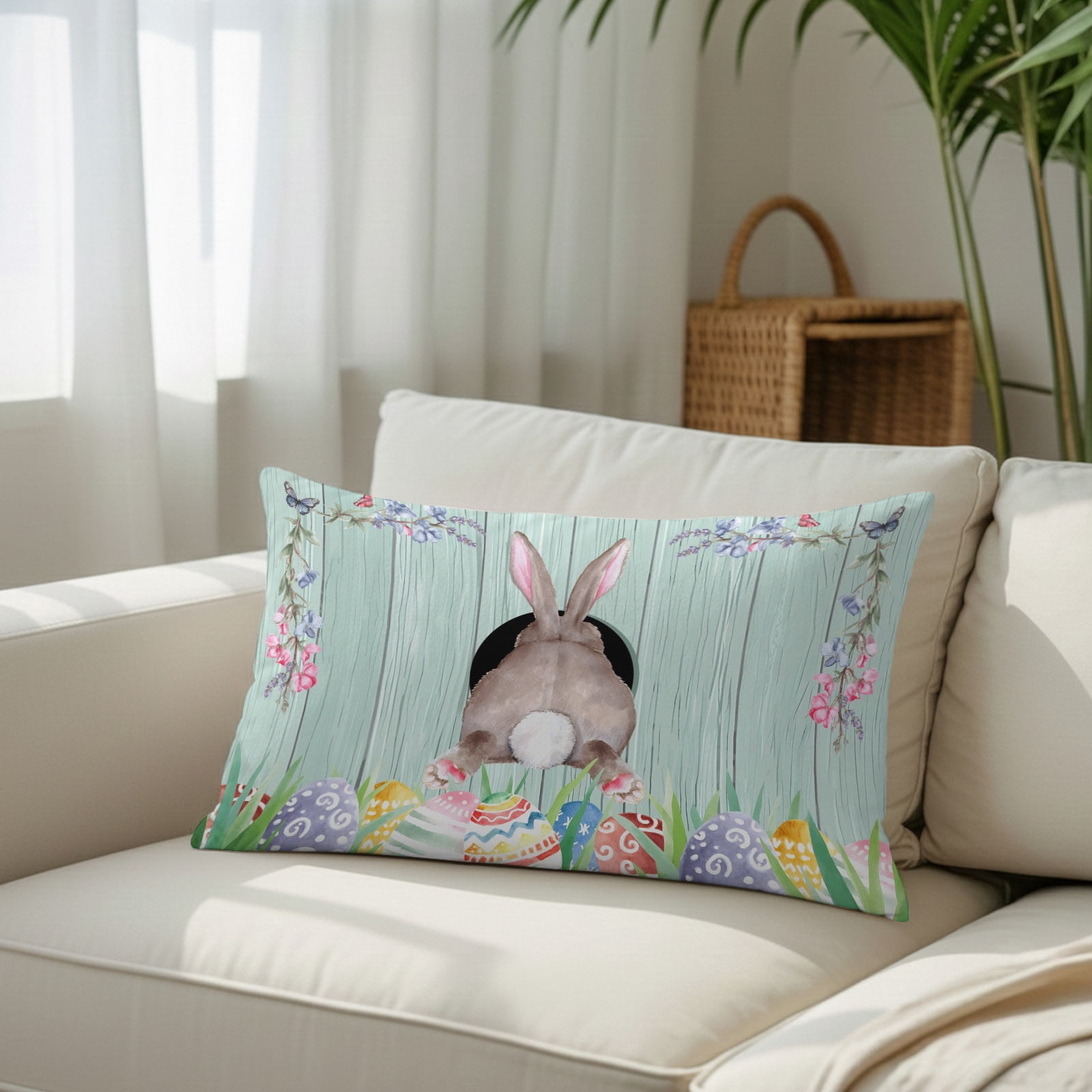 Easter Grey Rabbit Butt with Colored Eggs Throw Pillow Covers ...