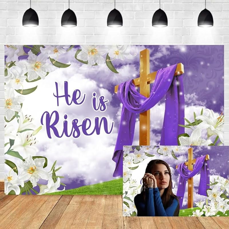 Easter He is Risen Backdrop Spring Christian Cross Lily Lawn Jesus ...