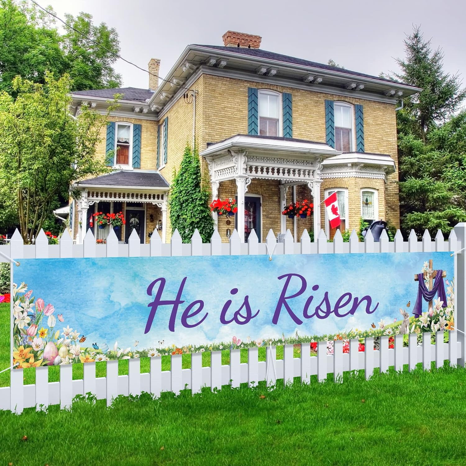 Easter He is Risen Banner Decorations Cross Bunny Lily Easter Eggs ...