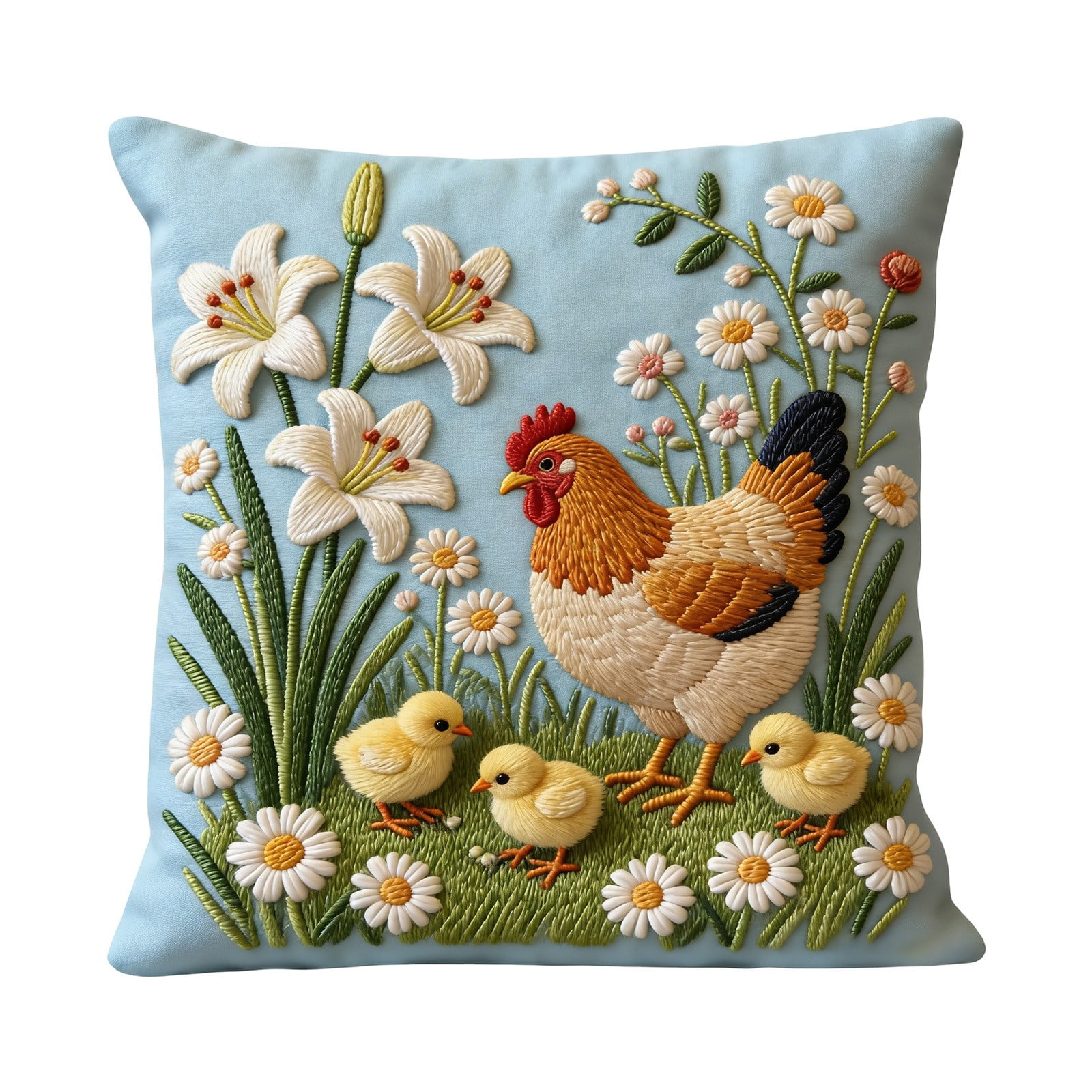 Easter Hen & Chicks Embroidered Pillowcase - 17.7in Decorative Throw ...