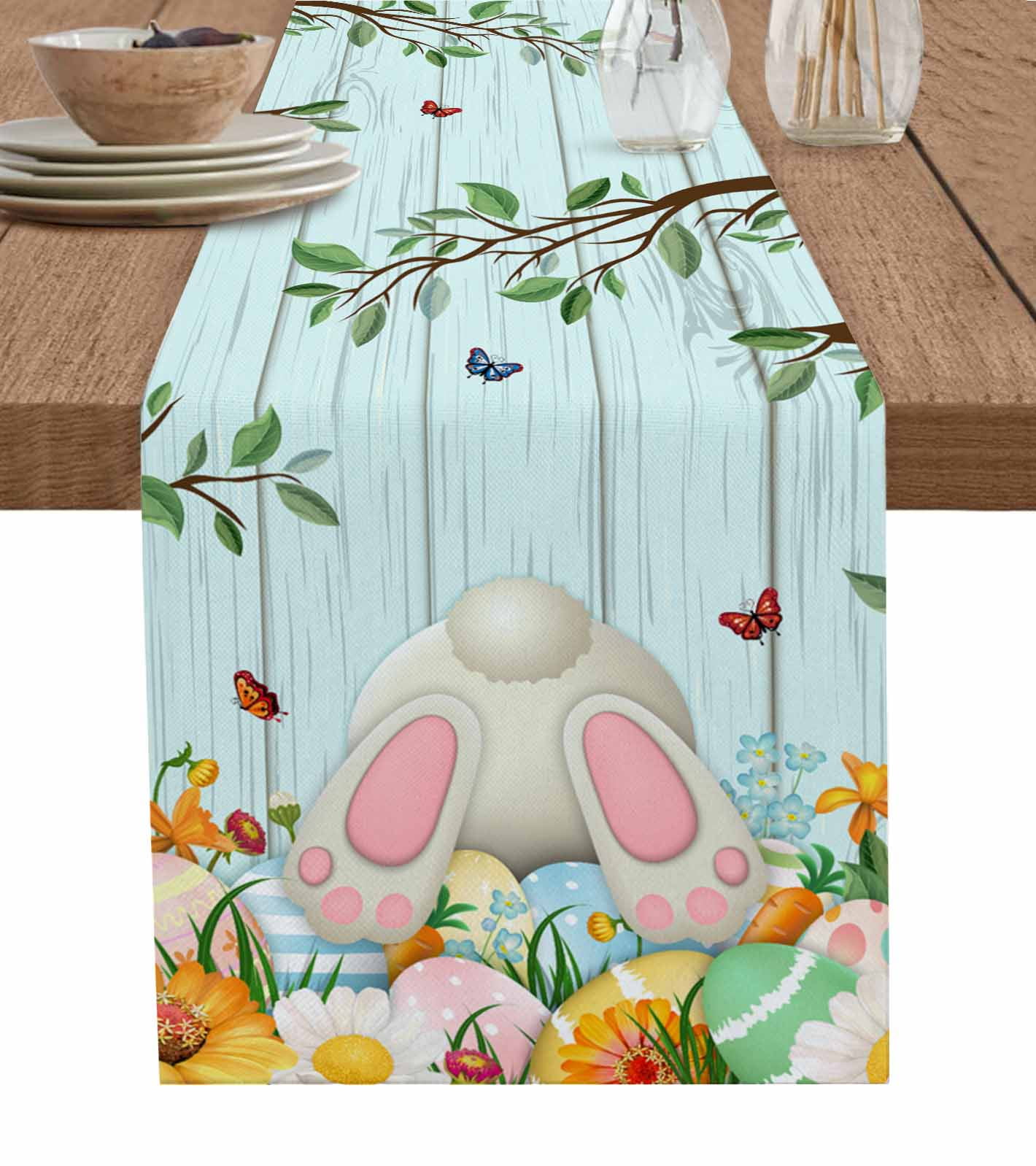 Easter Herbaceous Plant Rabbit Watercolor Table Runner ration Home r ...