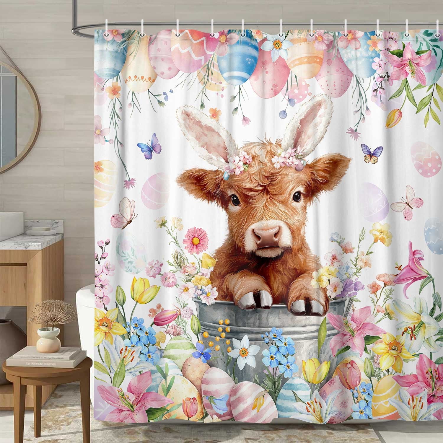 Easter Highland Cow Shower Curtain, Pink Farmhouse Rustic Easter ...