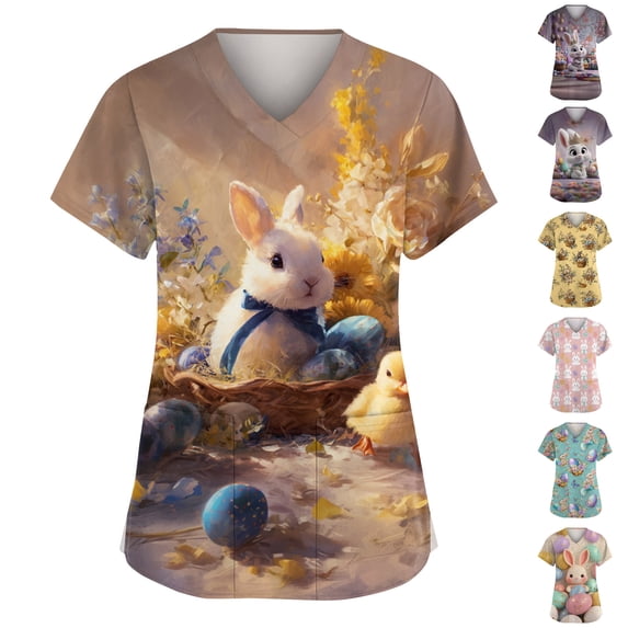 Easter Holiday Scrub Tops for Women Stretchy V-Neck Short Sleeve Bunny ...