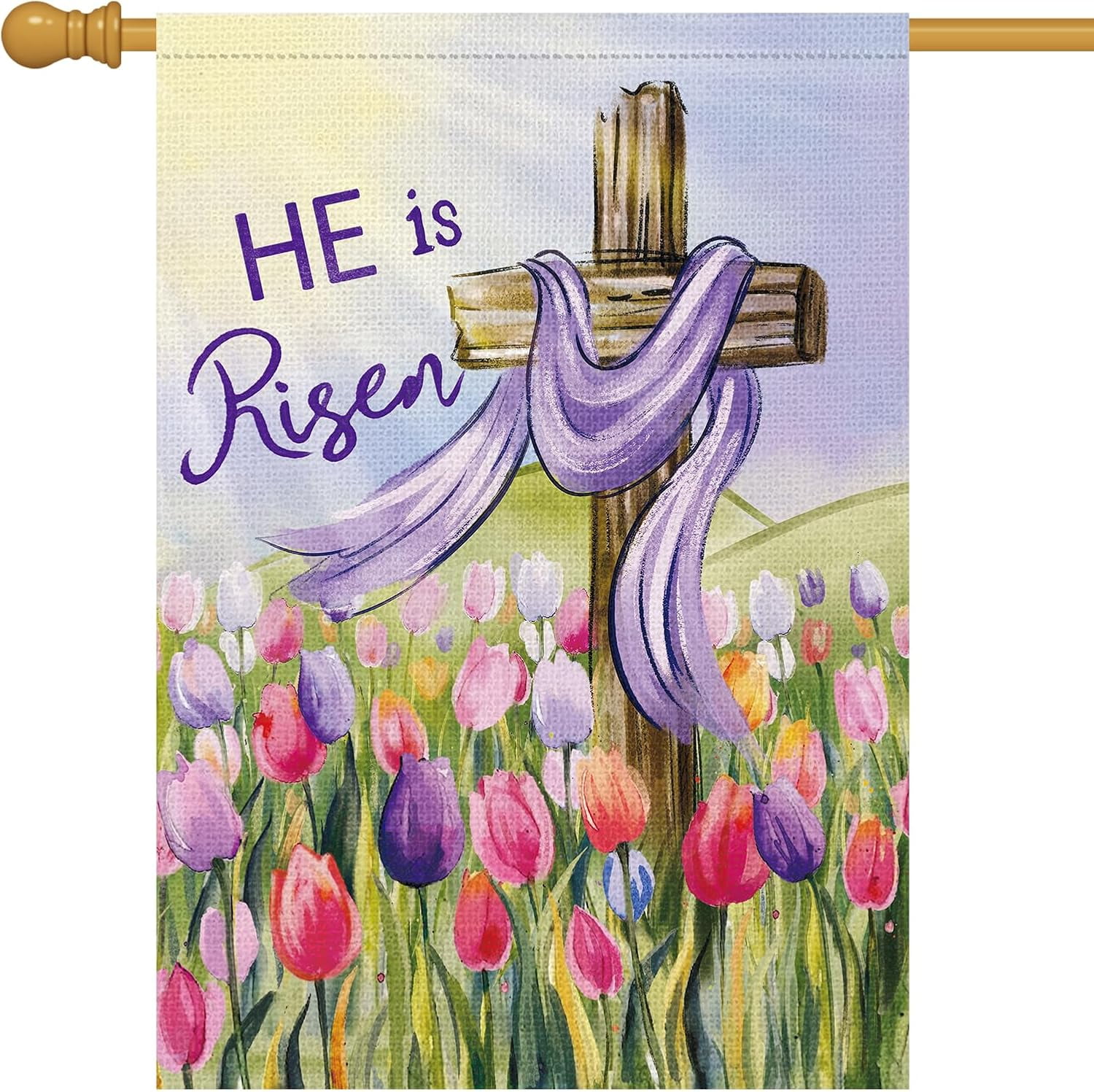 Easter House Flag 28x40 Double Sided Burlap, Large Easter Sun Cross ...