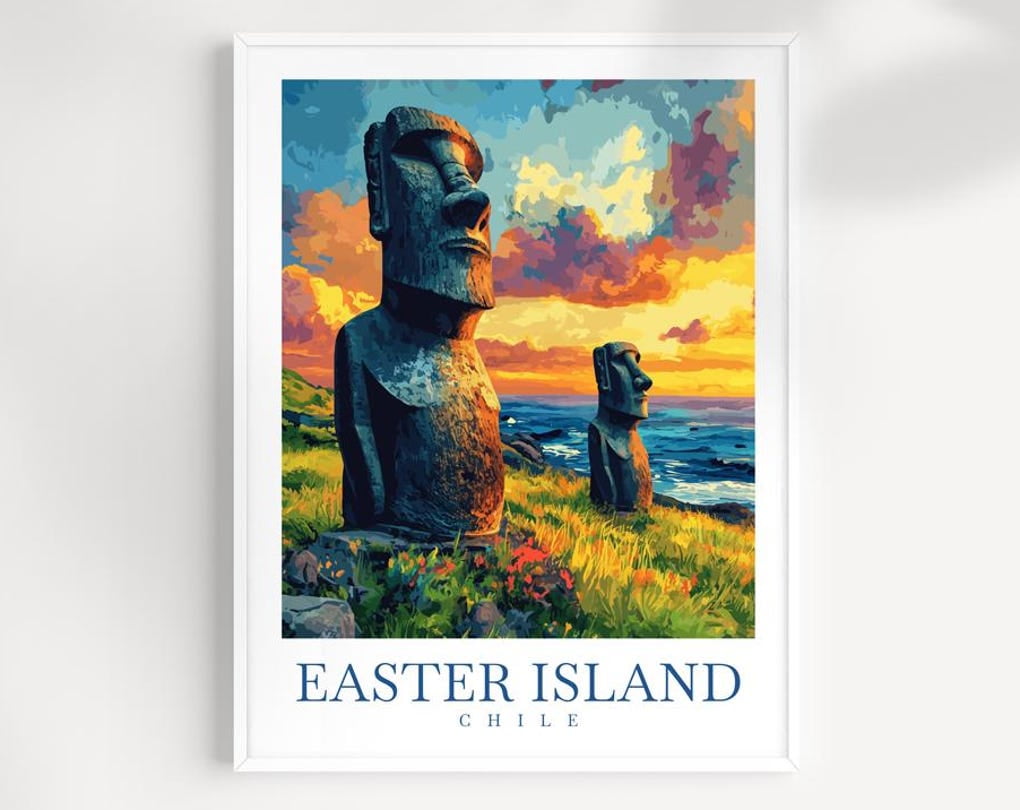 Easter Island Chile Travel Print Wall Art – Illustrated Moai Statue ...