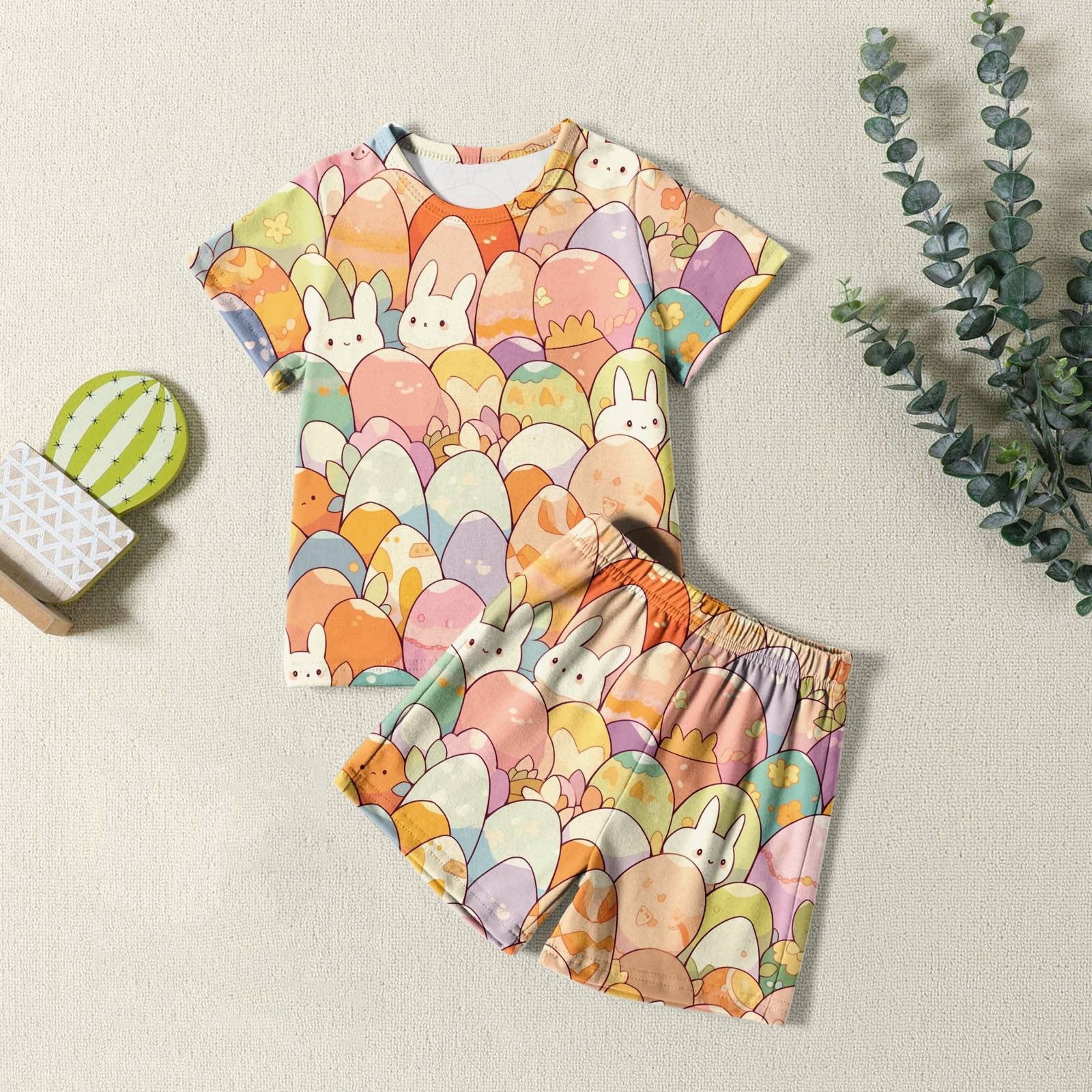 Easter Kids Pajamas Set Cute Easter Bunny Crewneck Short Sleeve T-Shirt ...