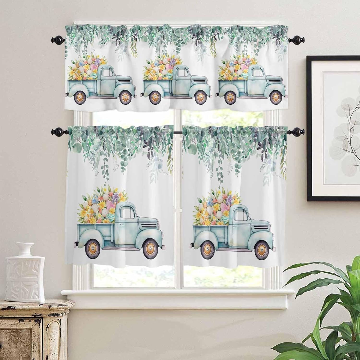 Easter Kitchen Curtain Valance and Tiers 3 Piece Set,Colorful Eggs Rod ...