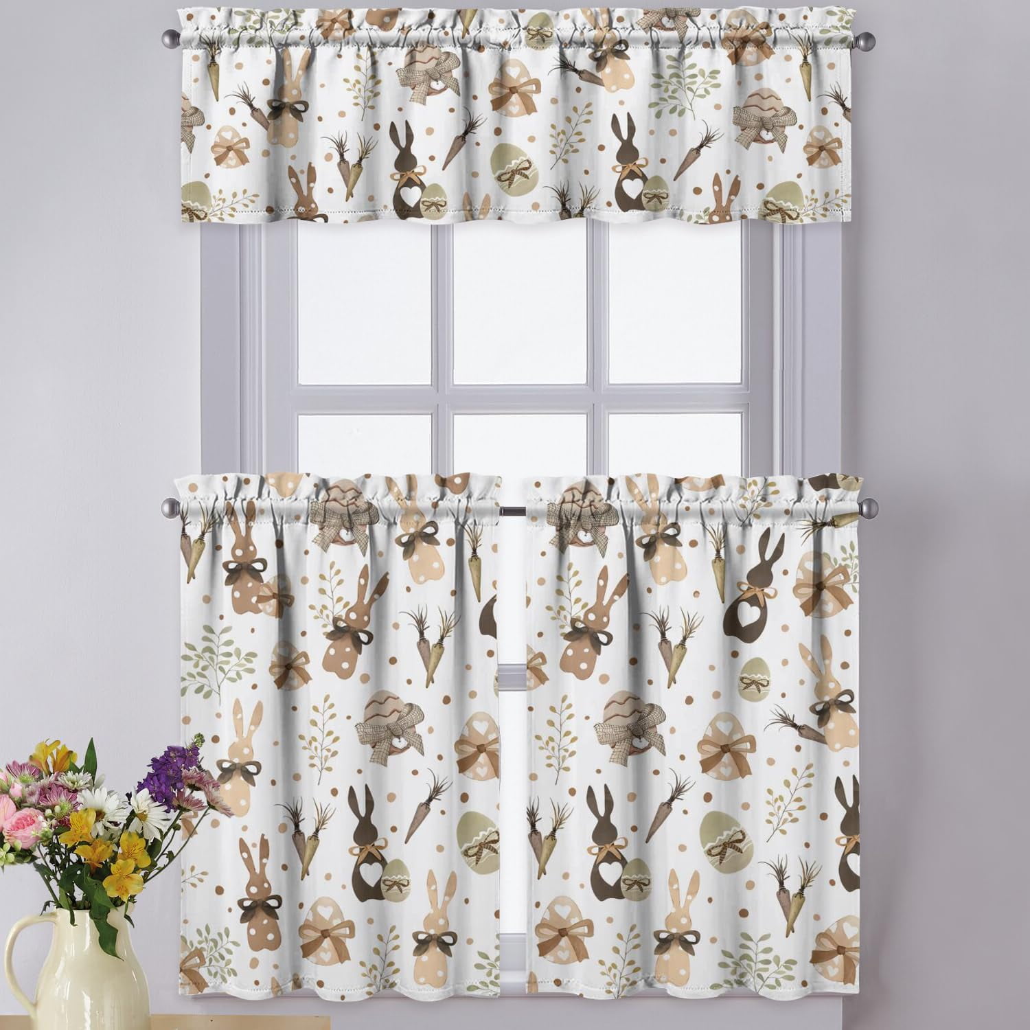 Easter Kitchen Curtains 3-Piece Set Bunny Rabbit Eucalyptus Eggs ...
