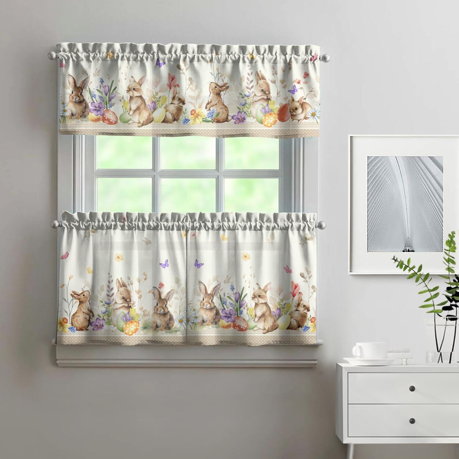 Easter Kitchen Curtains 3 Piece Set, Spring Easter Bunny Floral Kitchen ...