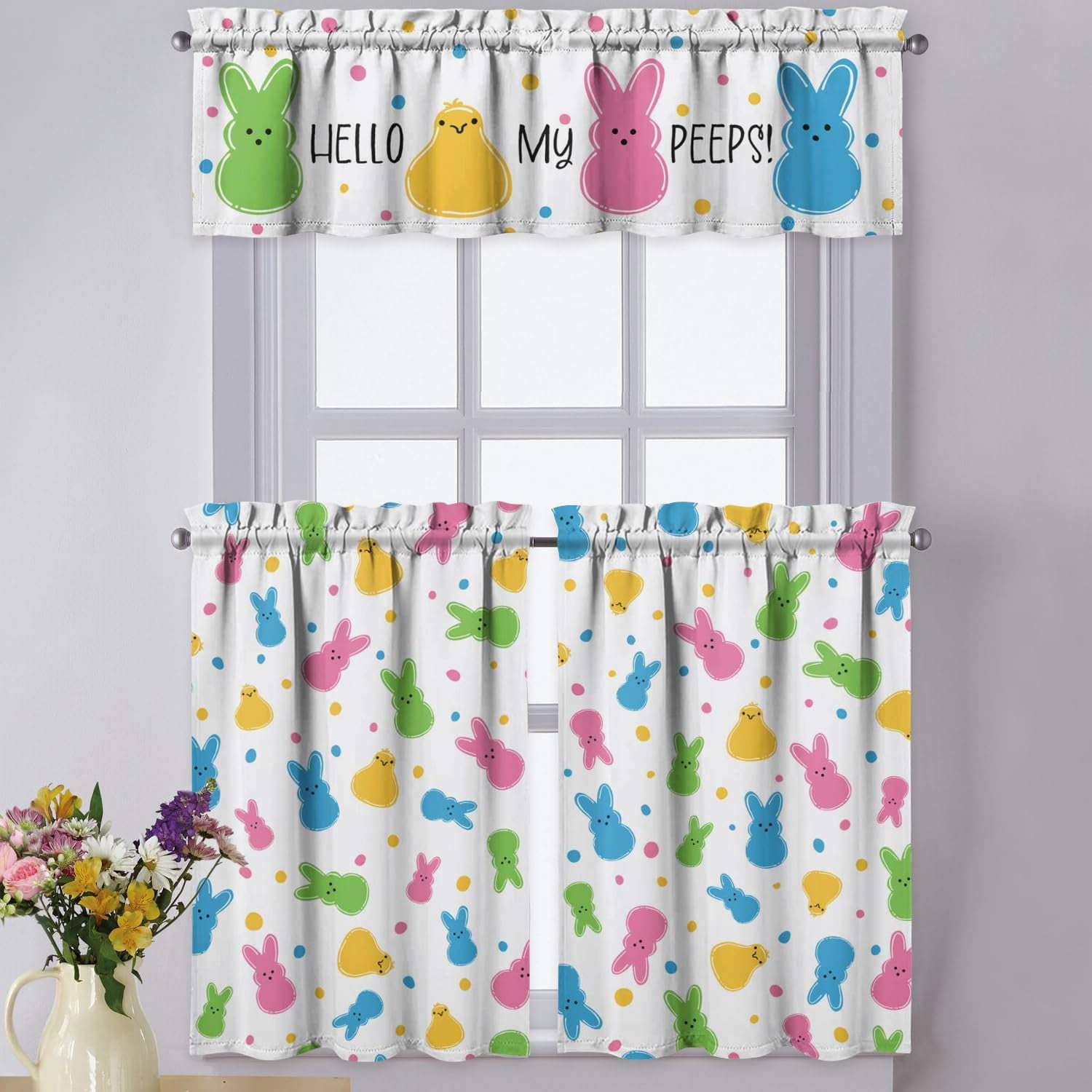 Easter Kitchen Curtains Valances 3 Piece Set,Spring Bunny Chick Hello ...