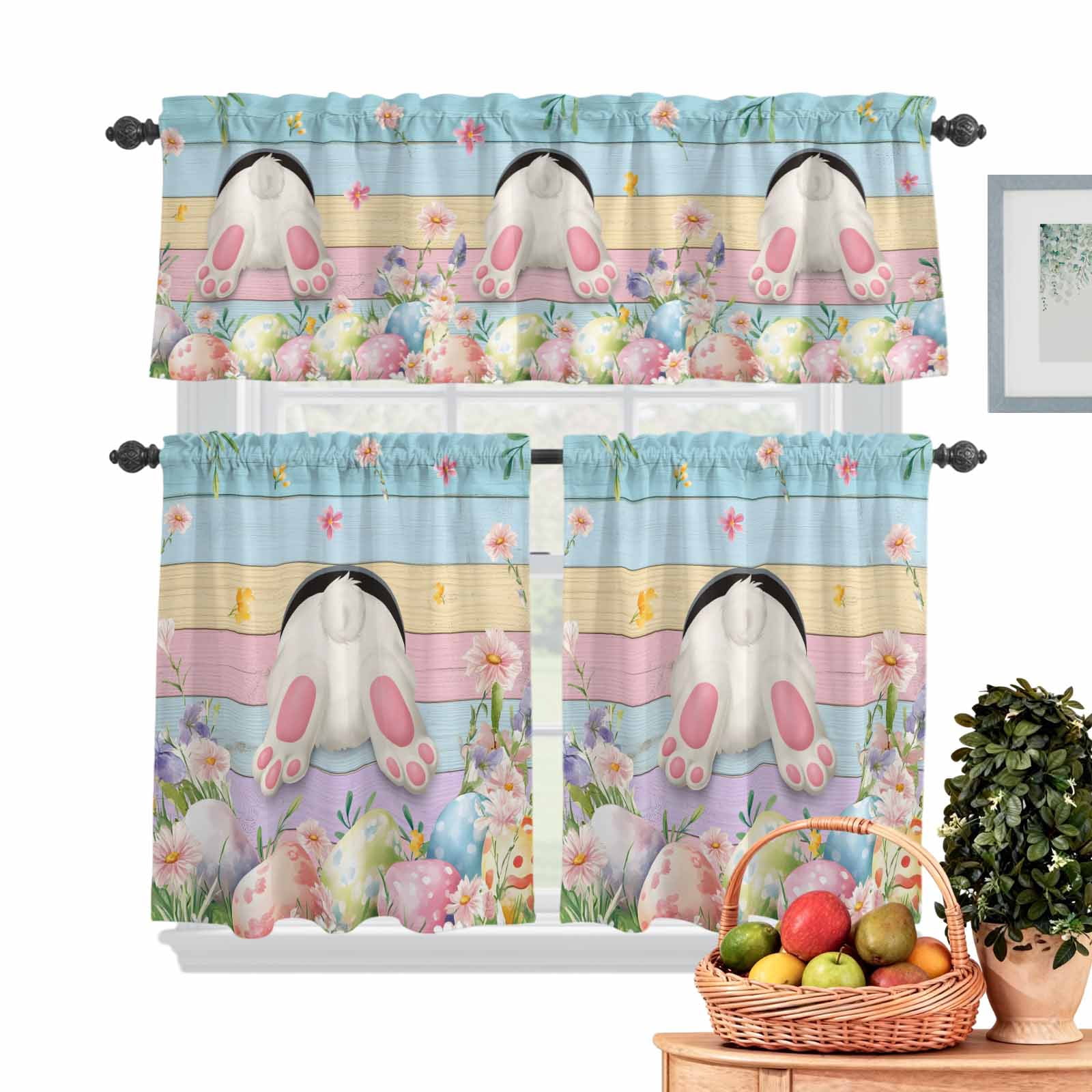 Easter Kitchen Curtains Valances 3 Piece Set, Spring White Bunny Tail ...