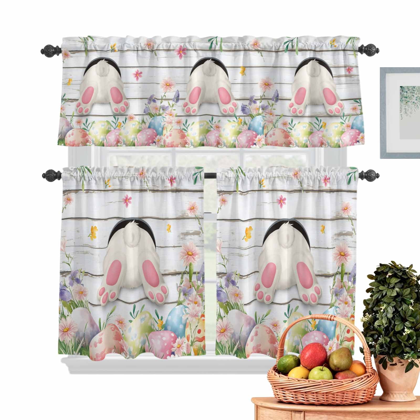 Easter Kitchen Curtains Valances 3 Piece Set, Spring White Bunny Tail ...