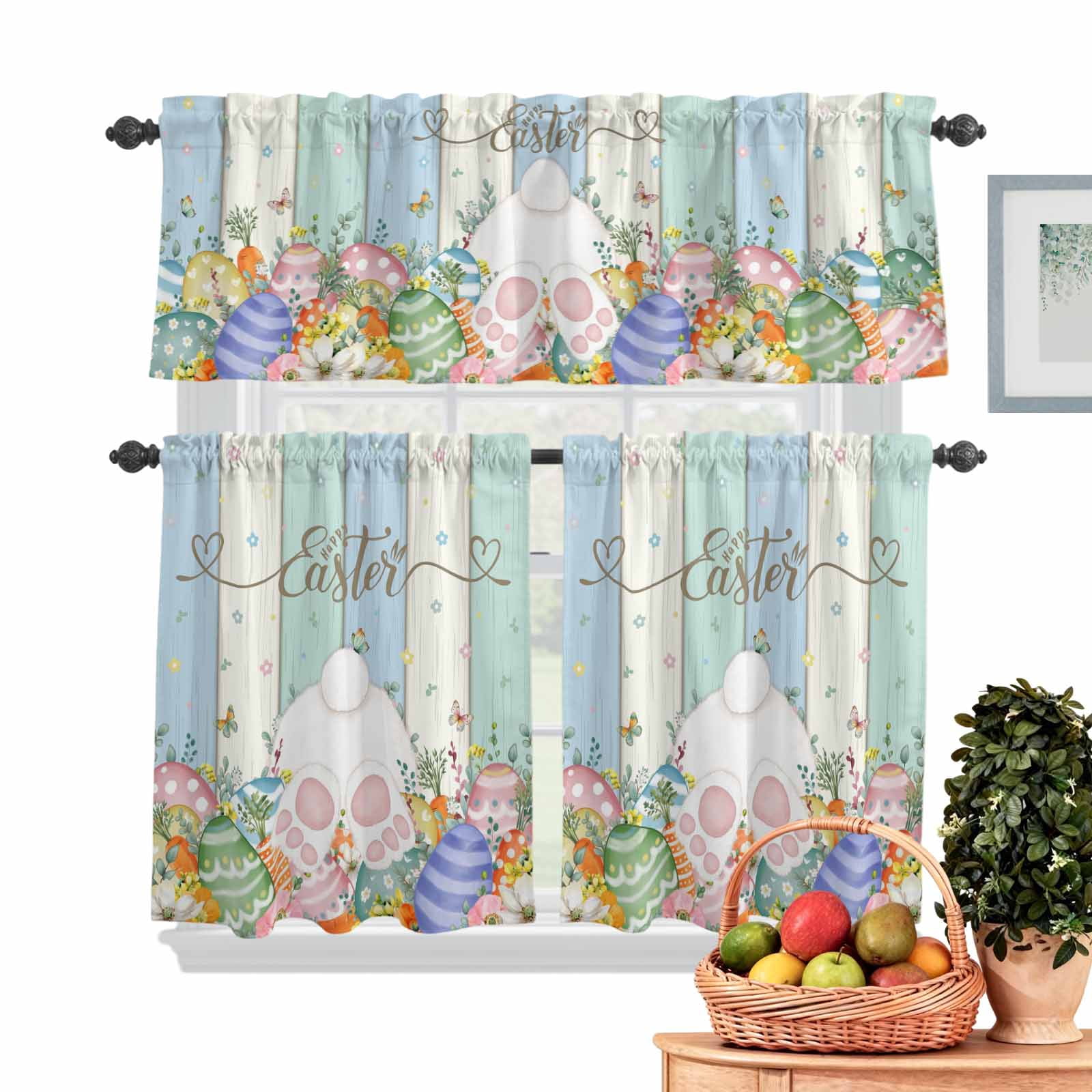 Easter Kitchen Curtains Valances 3 Piece Set, Spring White Rabbit Tail ...