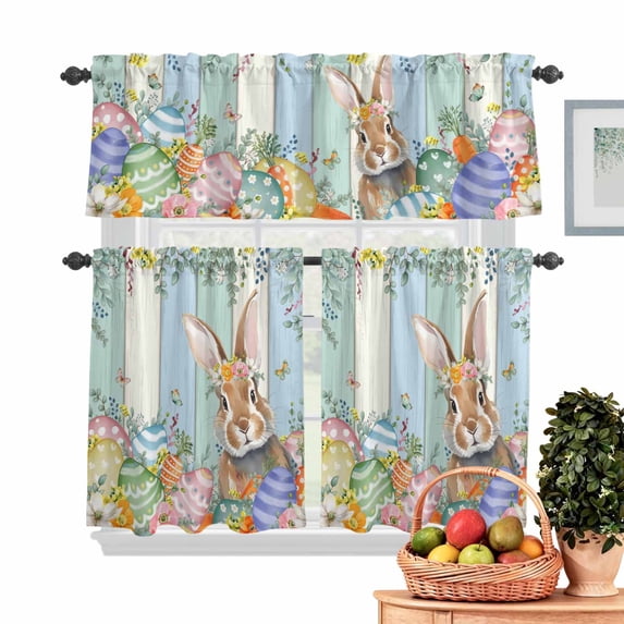 Easter Kitchen Curtains Valances 3 Piece Set, Spring Yellow Rabbit Eggs ...