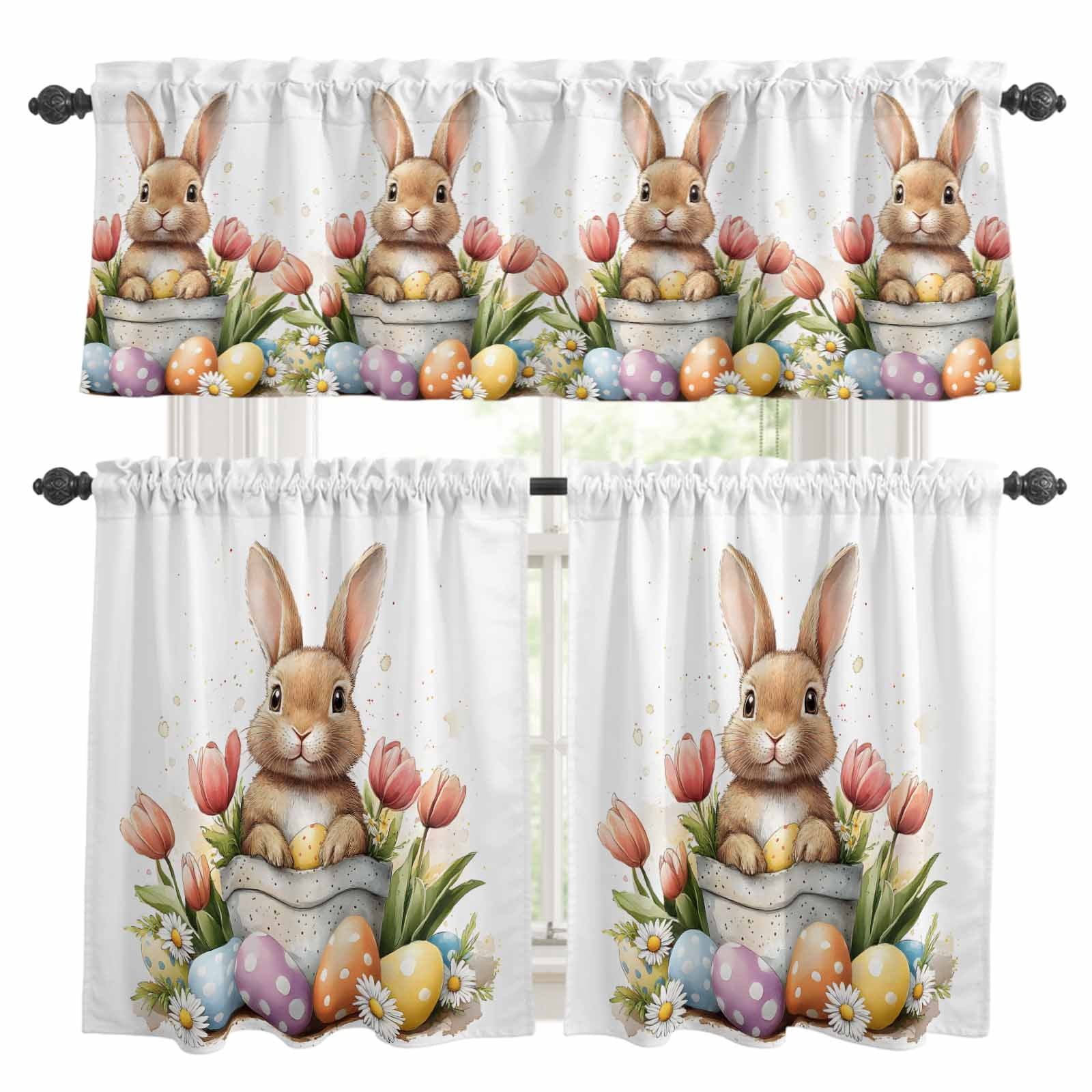 Easter Kitchen Curtains and Valances Set, Spring Cute Bunny Egg Flower ...