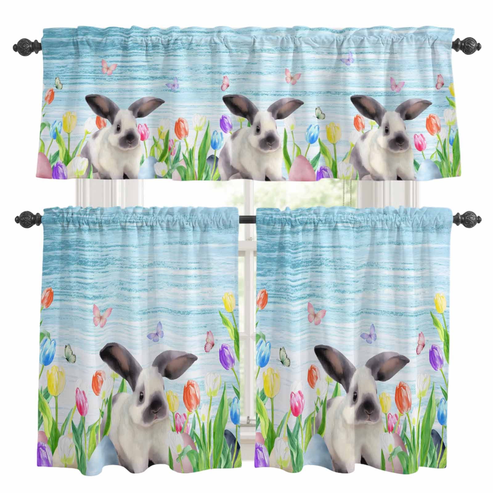Easter Kitchen Curtains and Valances Set, Spring Rabbit Floral Eggs ...