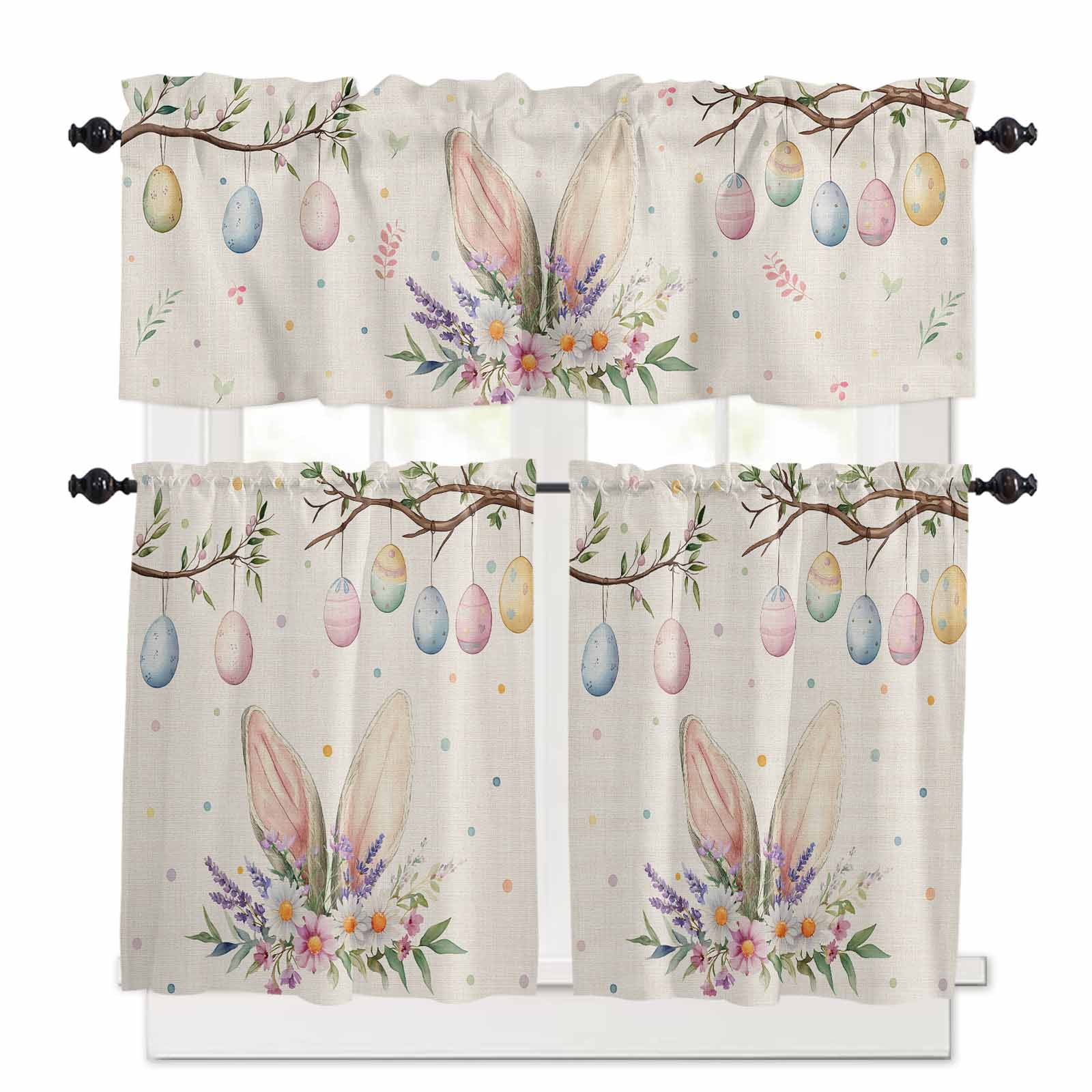 Easter Kitchen Curtains Valances and Tiers Set of 3 Watercolor Pink ...