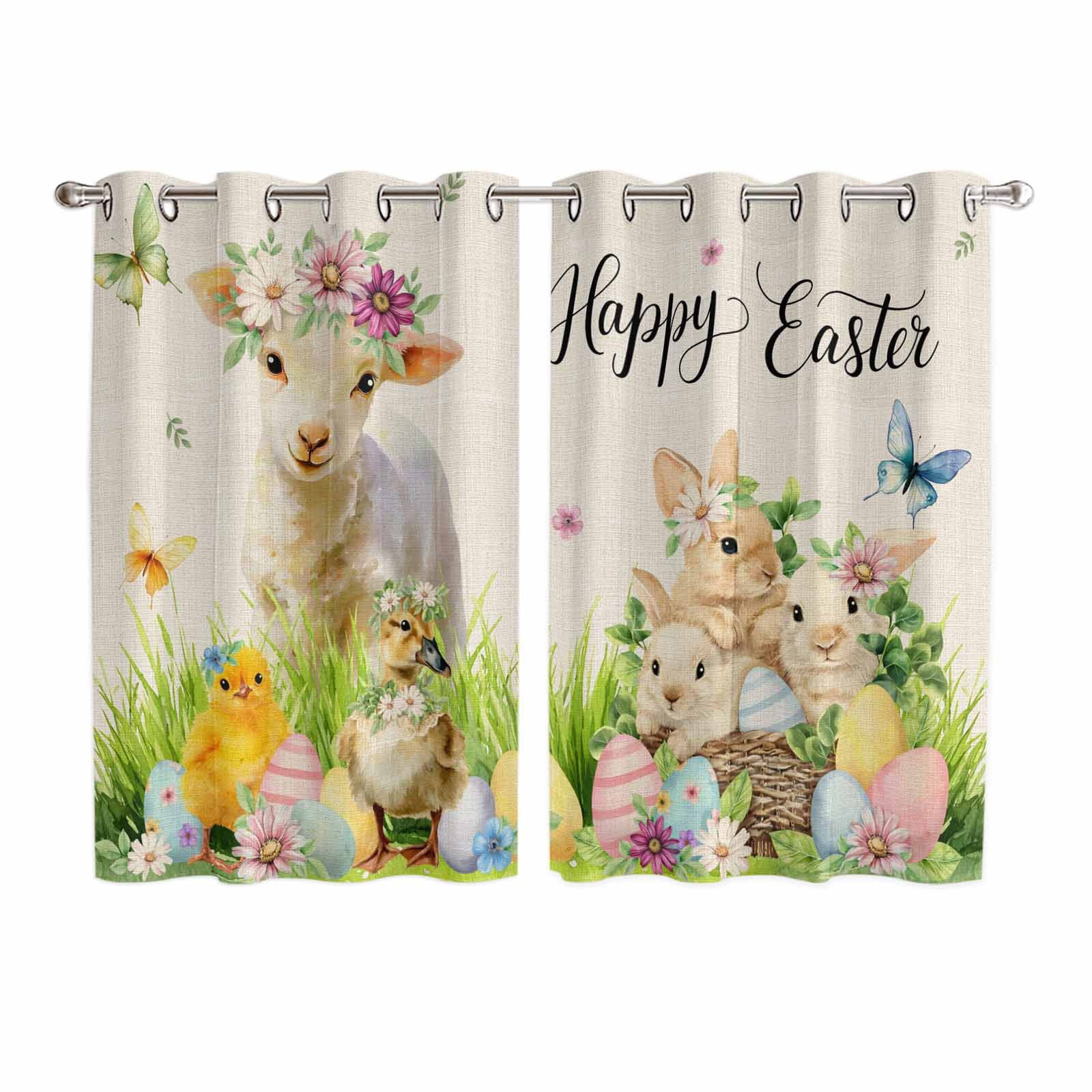 Easter Kitchen Curtains Window Panels, Farmhouse Flowers Wreath Sheep ...