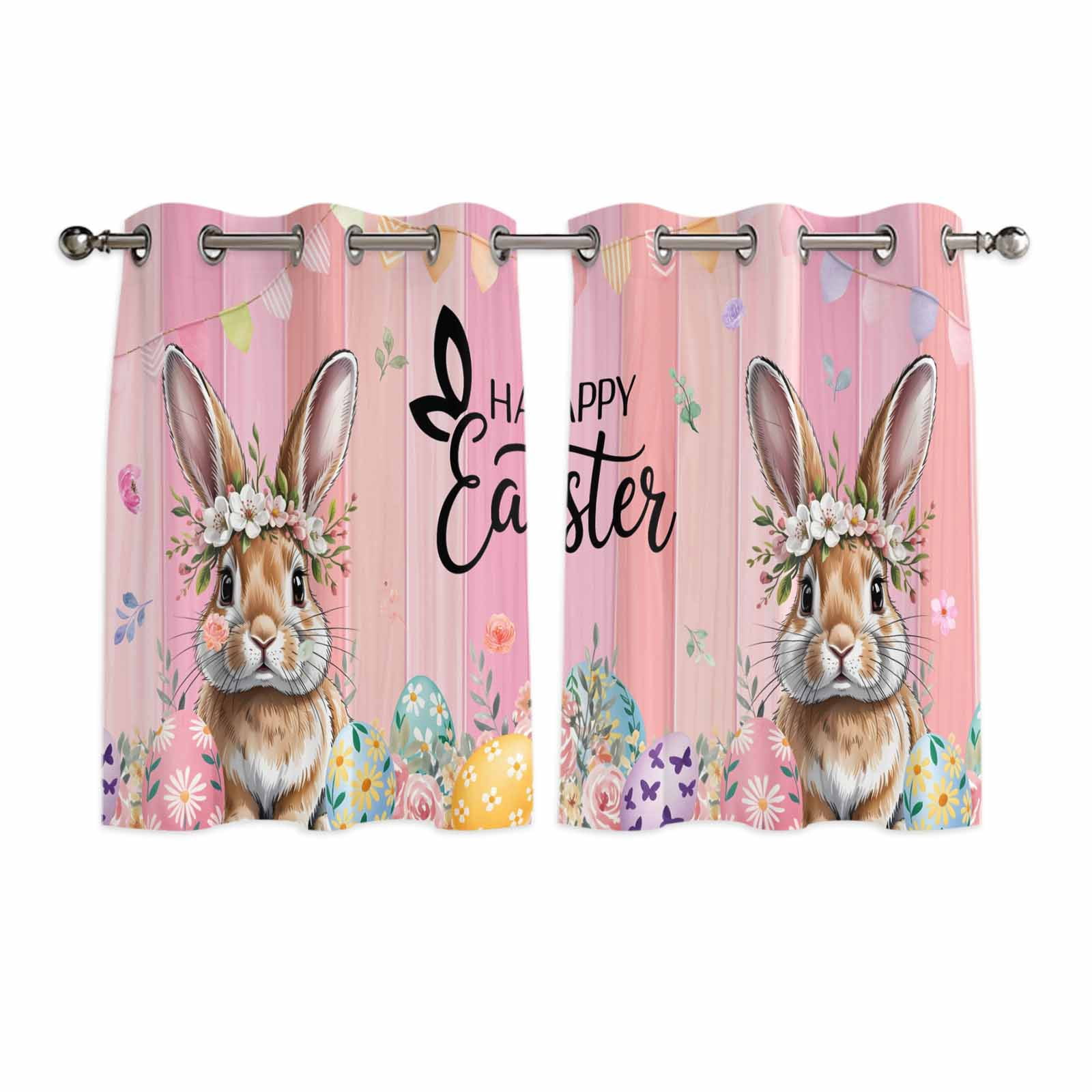 Easter Kitchen Curtains Window Panels, Spring Rabbit Eggs Flowers Flags ...
