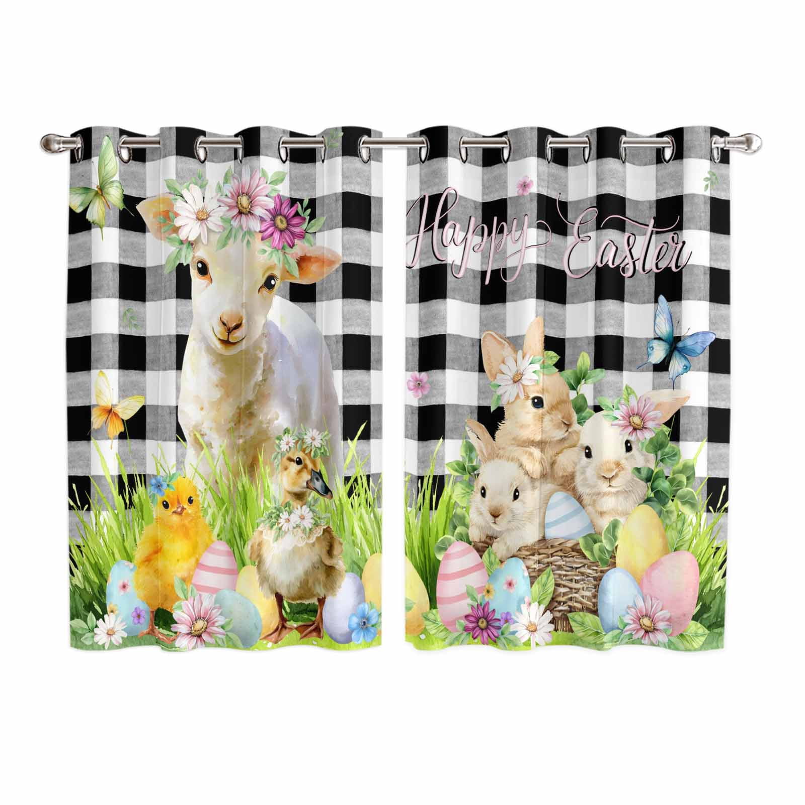 Easter Kitchen Curtains Window Panels, Spring Rabbit Sheep Duck Eggs ...