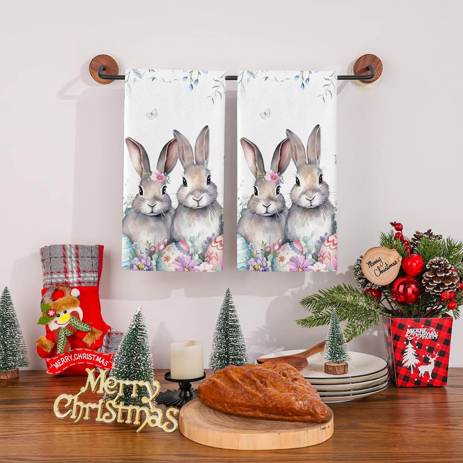 Easter Kitchen Dish Towel Striped Rabbit Print Household Kitchen Towel ...