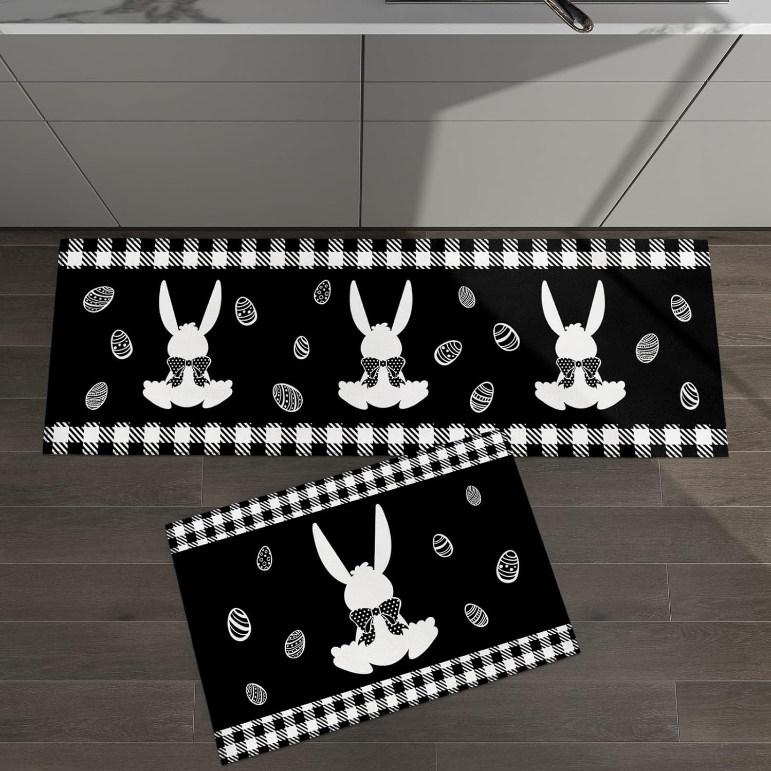 Easter Kitchen Rugs Set of 2, Bunny Silhouette Easter Egg Black White ...