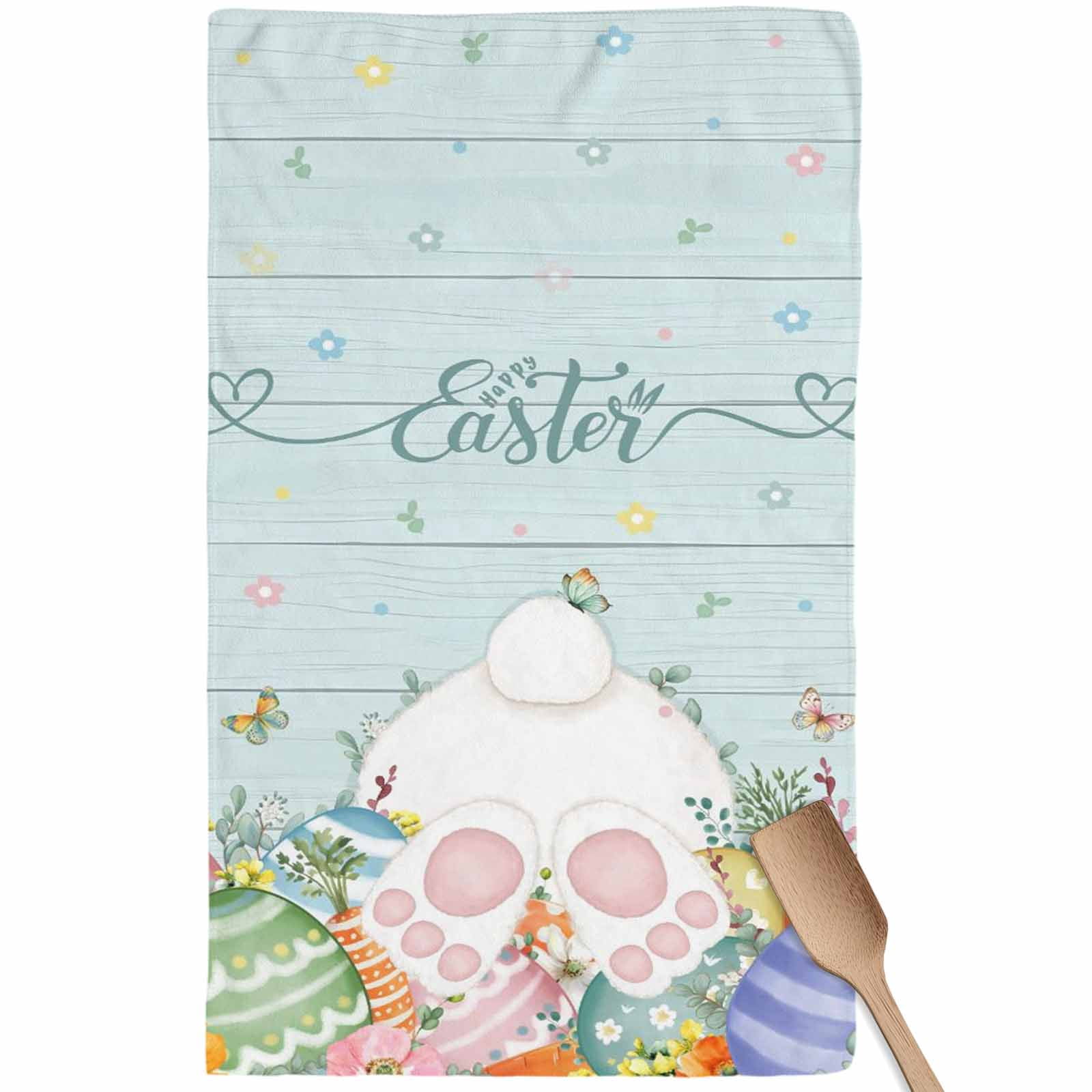 Easter Kitchen Towel Spring Bunny Tail Colored Eggs Leaf Light Green ...