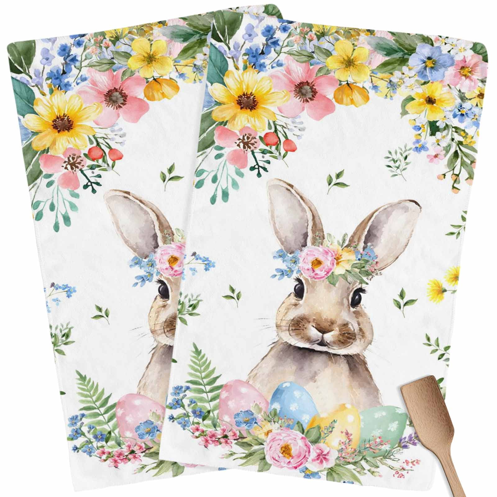Easter Kitchen Towel Spring Rabbits Eggs Wildflowers Leaf Plants ...