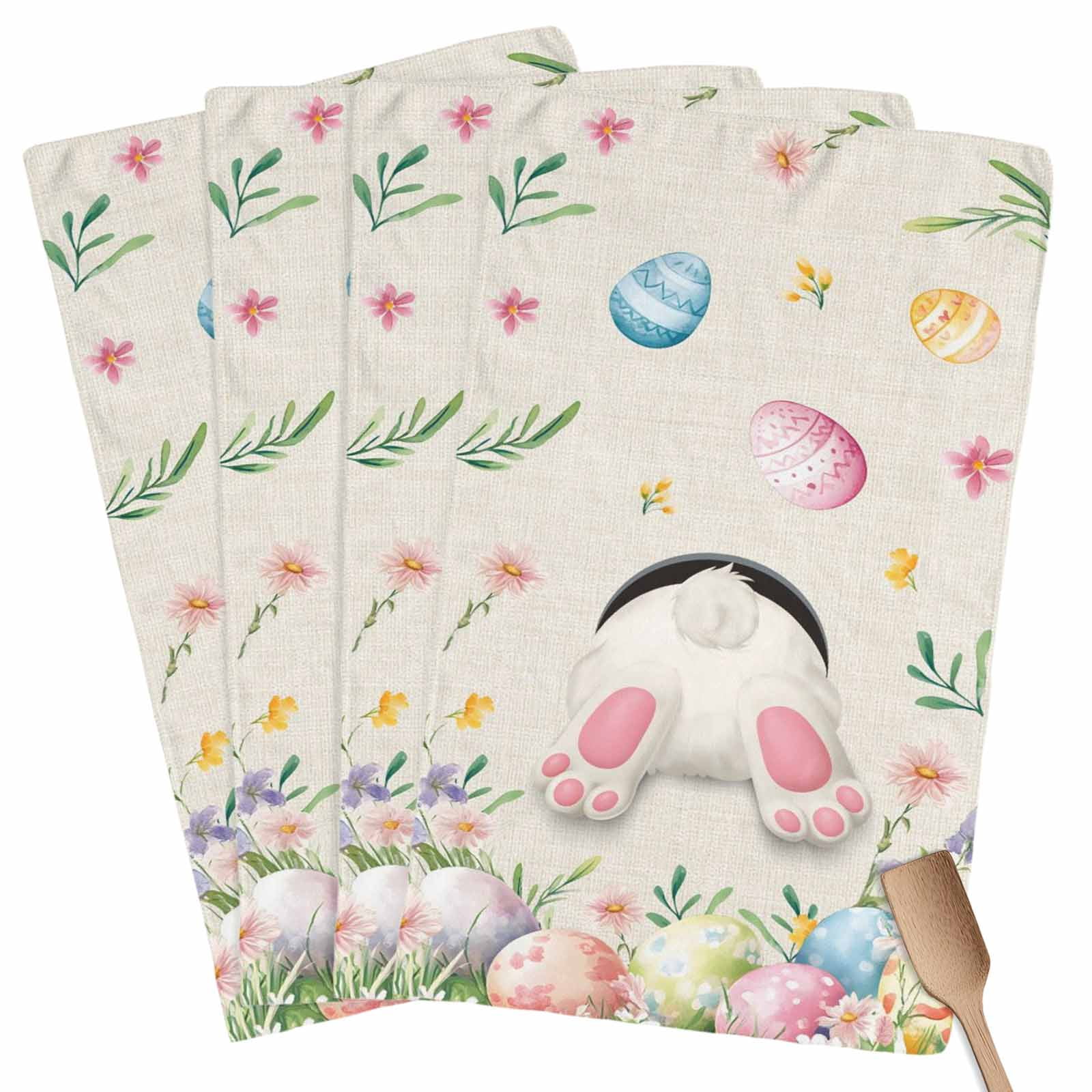 Easter Kitchen Towel Spring White Bunny Tail Colored Eggs Floral Linen ...