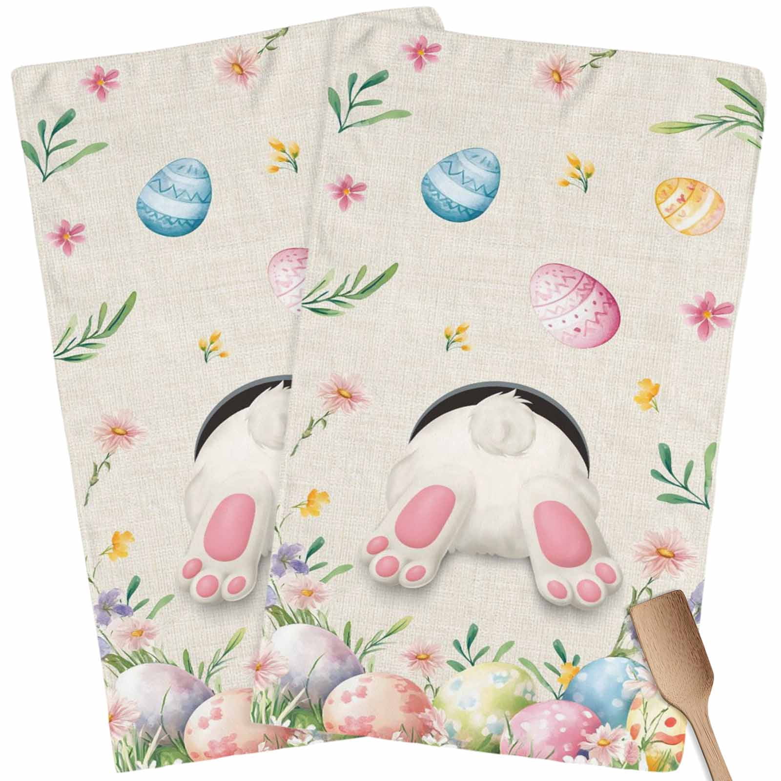Easter Kitchen Towel Spring White Bunny Tail Colored Eggs Floral Linen ...