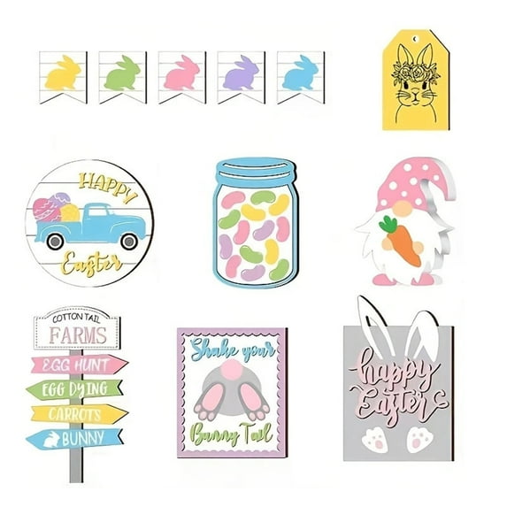 Easter Layered Tray Decoration Set 12Pcs Spring Wooden Rabbit Relief ...