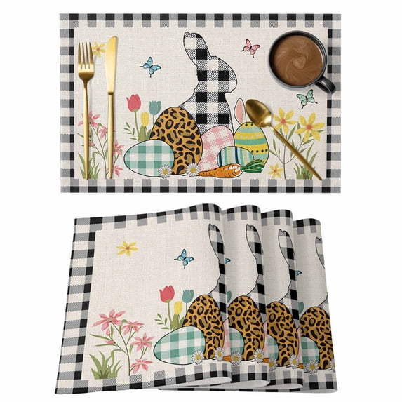 Easter Leopard Placemats Set of 8, Print Eggs Buffalo Plaid Rabbit ...