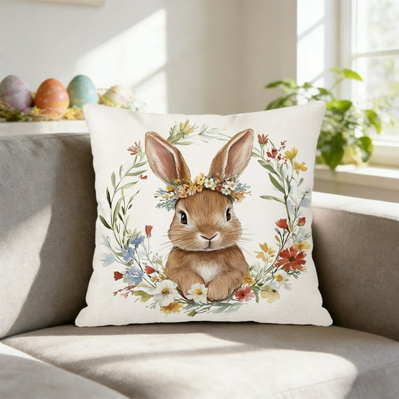 Easter Linen Bunny Print Pillow Cover – Decorative Throw Pillowcase for ...