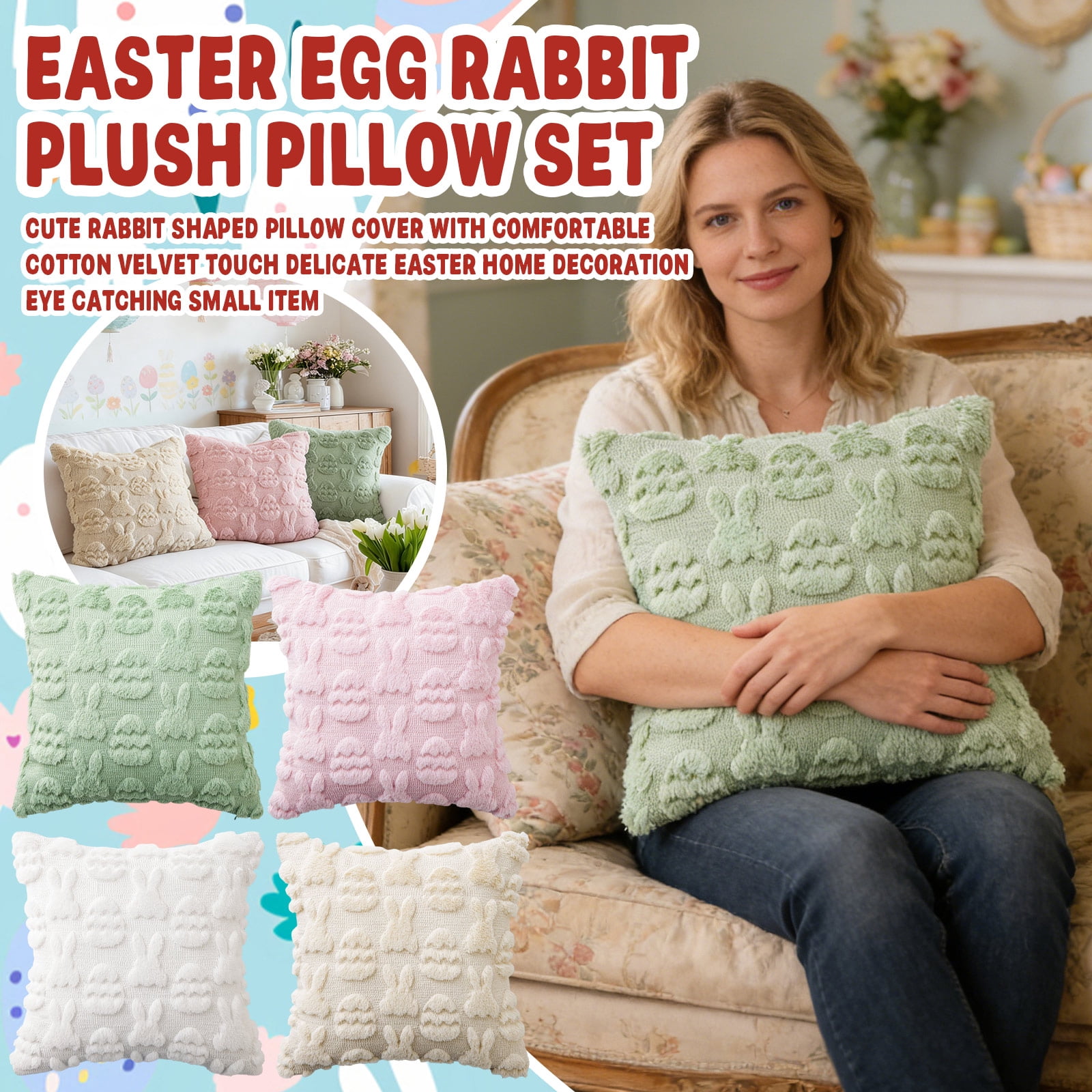 Easter Living Room Decor - Spring Colors Couch Pillow Covers with Bunny ...
