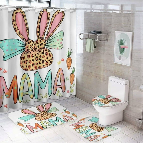 Easter Mama 4Pcs Shower Curtain Sets with Rugs Rug Toilet Lid Cover And Non-Slip U Shape Mat ...