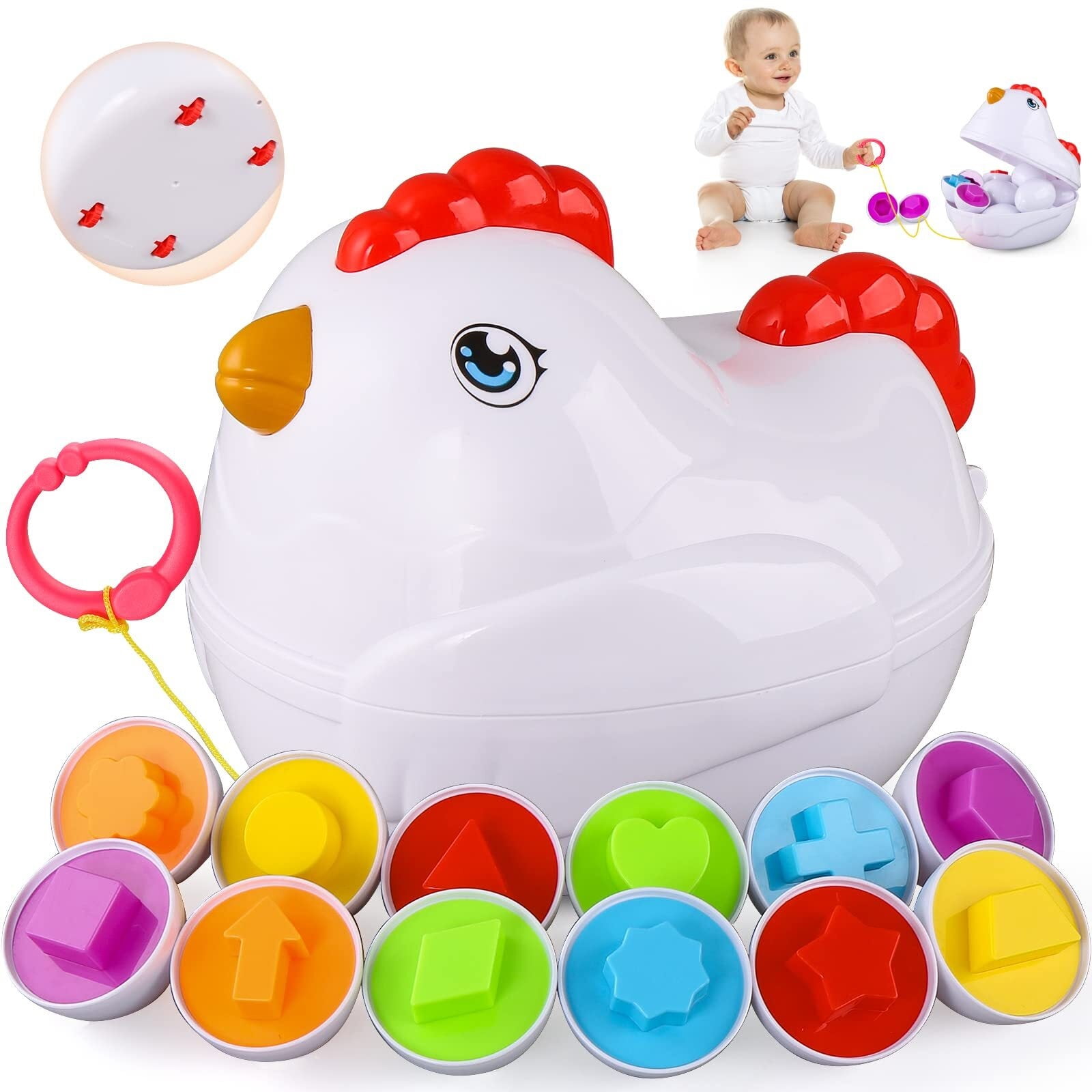 Easter Matching Eggs, 12 PCS Shape Color Sorting Eggs with Push & Pull ...