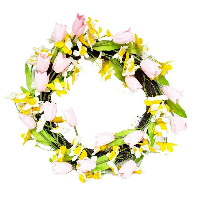 Easter Pink Tulip and Yellow Daffodil Wreath, 20 in, by Way To ...