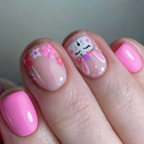 Easter Nails Art 24 Pcs Short Square With Rabbits And Flower Pattern ...