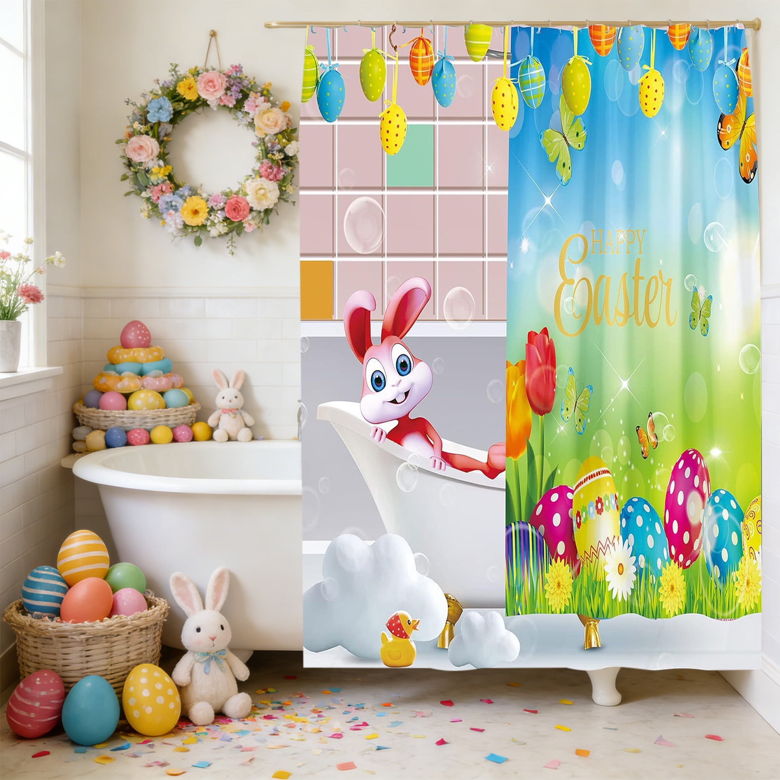 Easter No-Drill Bath Curtain - 12 Reinforced Hooks Included, Waterproof ...