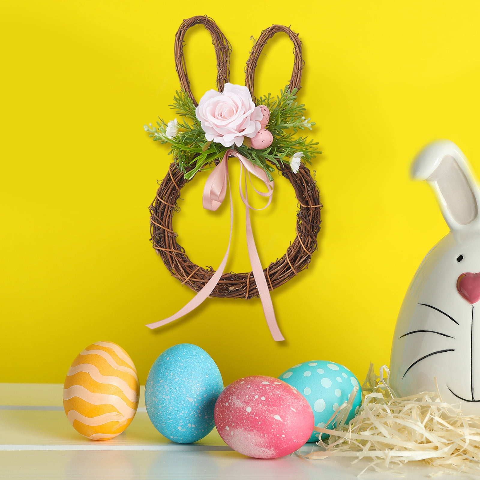 Easter Ornament Bunny Easter Egges Bow Simulation Rattan Round Wreath ...