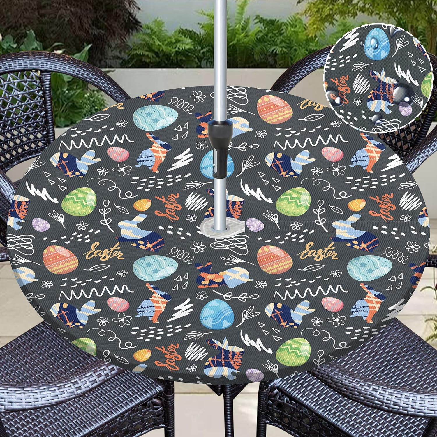 Easter Outdoor Tablecloth with Umbrella Hole Egg Bunny Black Round ...