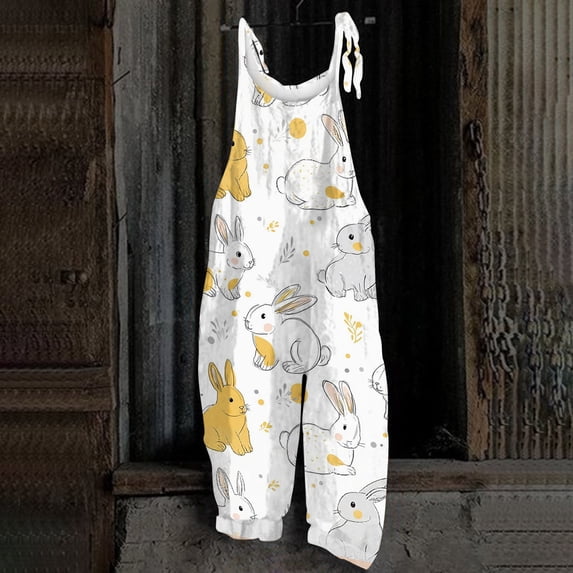 Easter Overalls for Women Loose Fit Cute Bunny Pattern Baggy Wide Leg ...