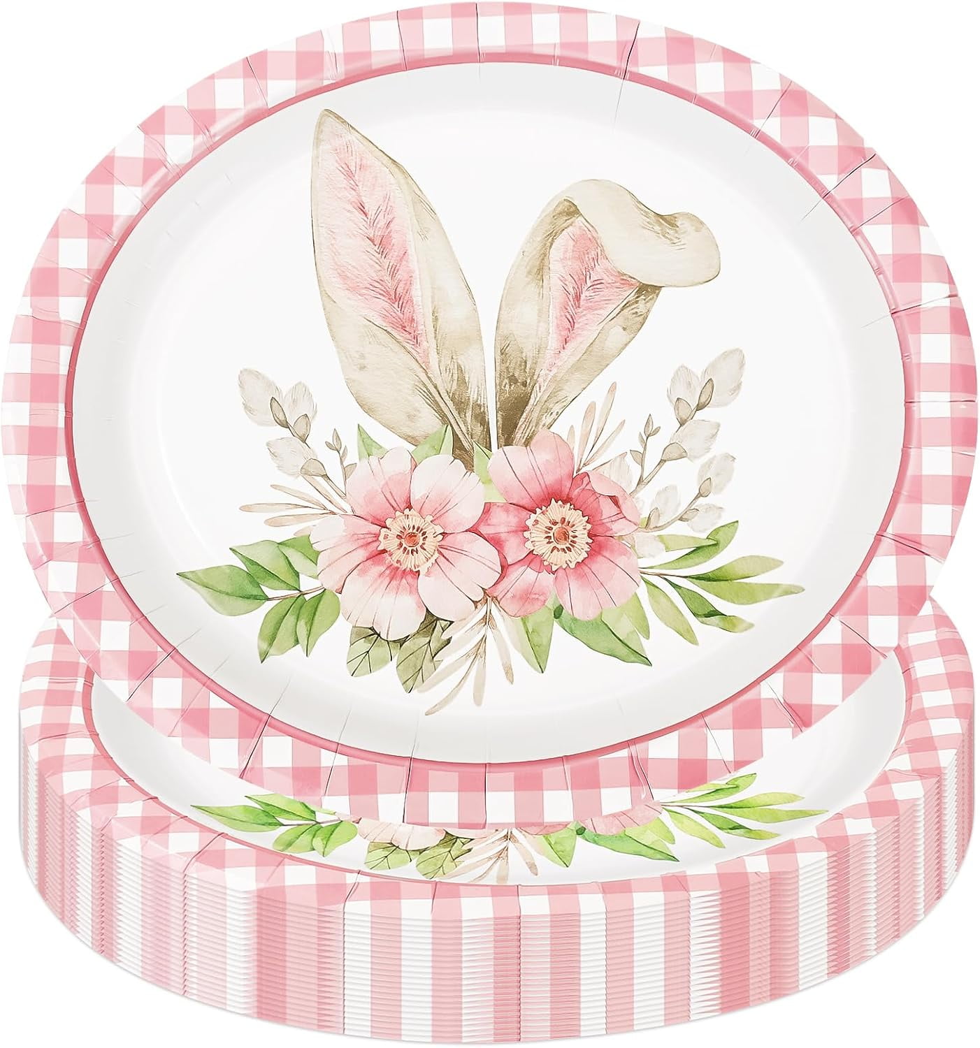 Easter Paper Plates Pink Plaid Bunny Ear Disposable Plate Decorative ...