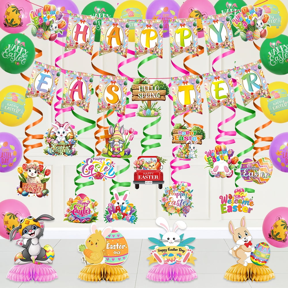 Easter Party Decorations Set Happy Easter Banner Bunny Egg Hanging Swirls Honeycomb Centerpiece ...