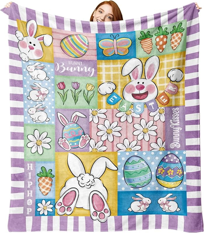 Easter Peeps Bunny Flannel Blanket, Cute Rabbit Easter Eggs Throw ...