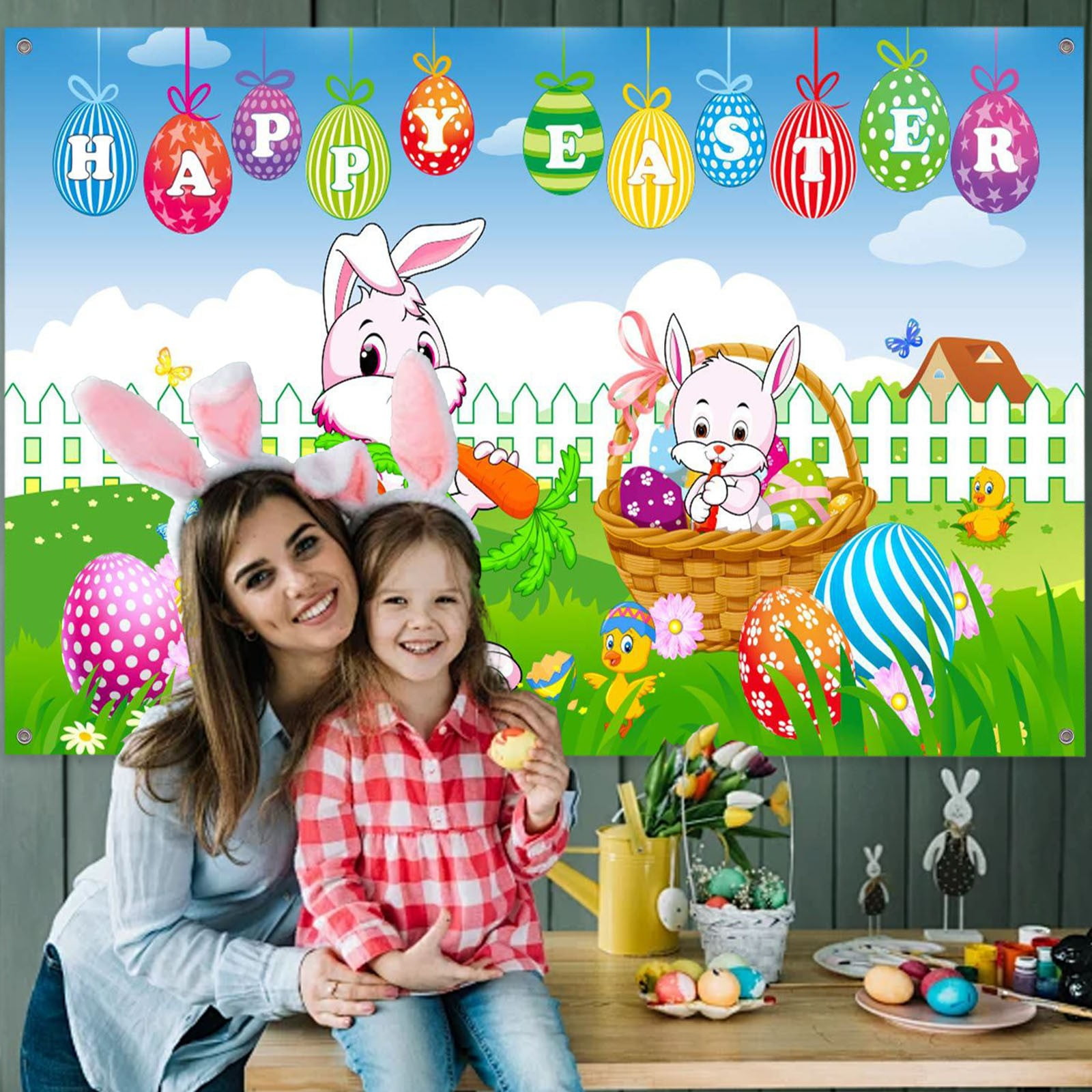 Easter Photo Background Cloth, Large Bunny Egg Print Hanging Banner for ...