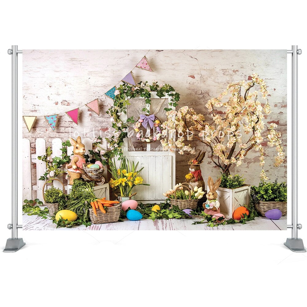 Easter Photography Backdrop Cake Smash Bunny Wooden Board Wall Grass ...