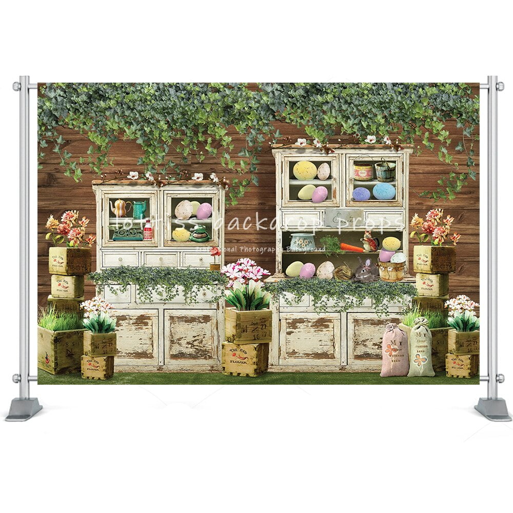 Easter Photography Backdrop Cake Smash Bunny Wooden Board Wall Grass ...