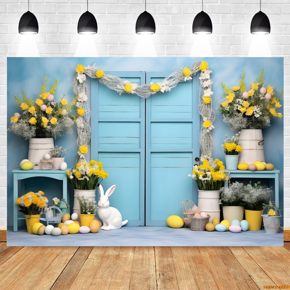 Easter Photography Backdrop Spring Gard Wood Door Rabbit Eggs Bunny ...