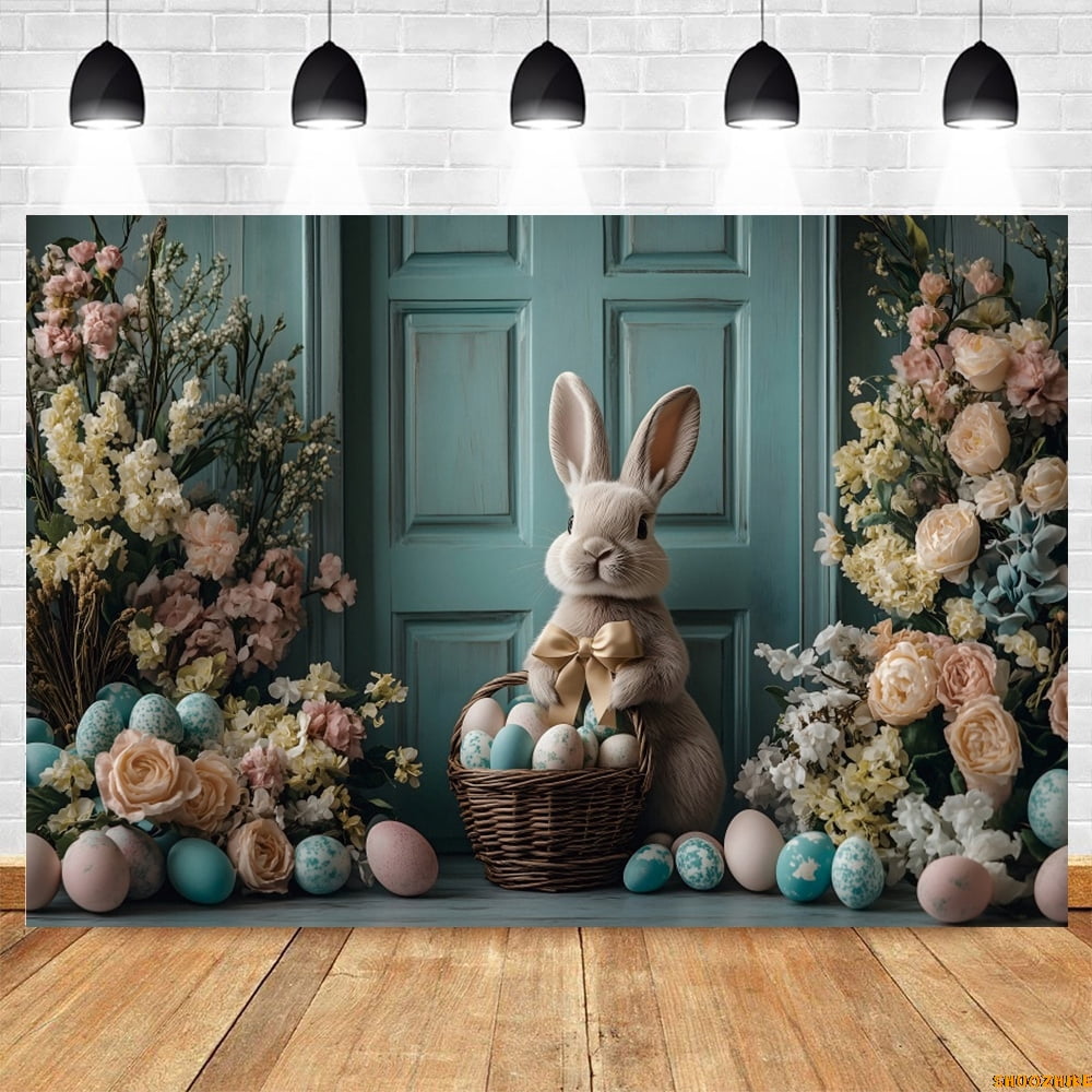 Easter Photography Backdrop Spring Gard Wood Door Rabbit Eggs Bunny ...